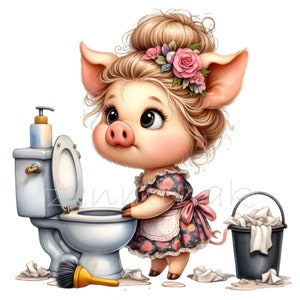 12 Pig Cleaning Bathroom Clip Art, Cute Animal in Floral Dress PNG ...