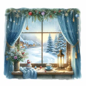 Winter Window PNG With Snowy Cottage View, 15 Festive Ornaments ...