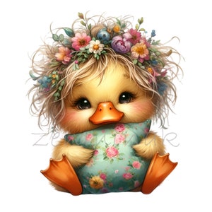 10 PNG Duckling Clipart PNG – Spring Flower Crown Duck on Pillow, Cute ...
