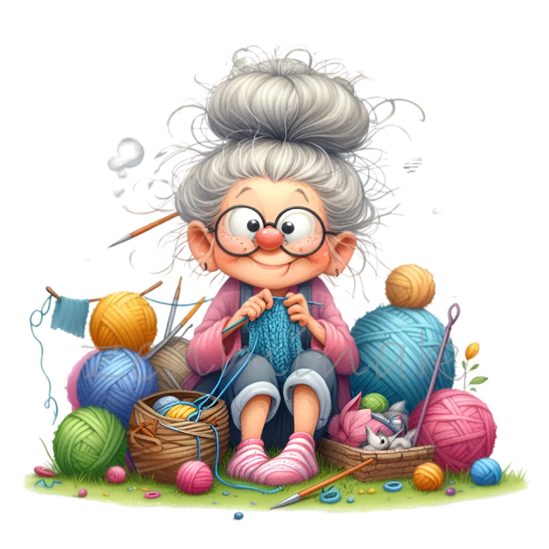 Senior Lady Knitting 10 PNG Funny Comics Grandma Crochet Cartoon ...
