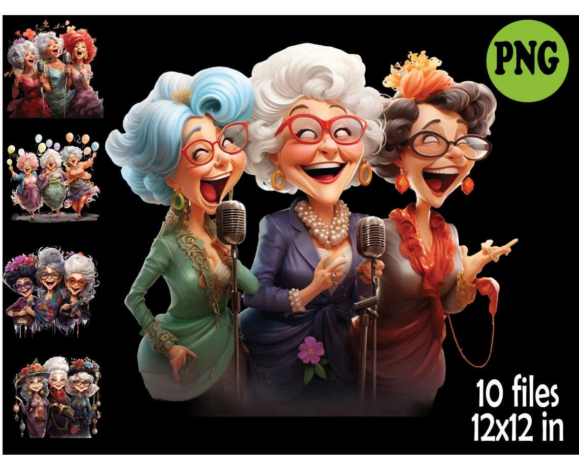 10 PNG Funny Grandma Bundle – Senior Ladies Clipart Set – Cute Singing ...
