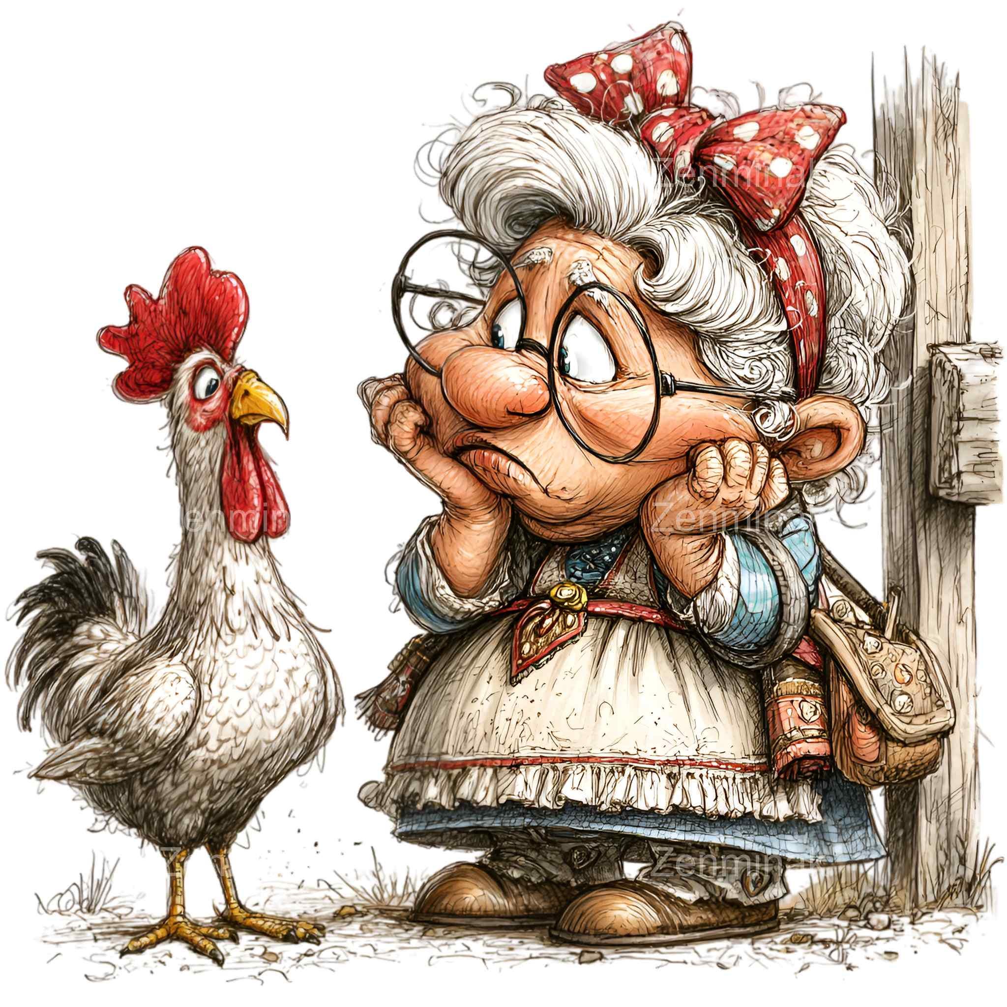 14 PNG Farm Chicken Clipart – Whimsical Old Lady With Hen PNG for ...