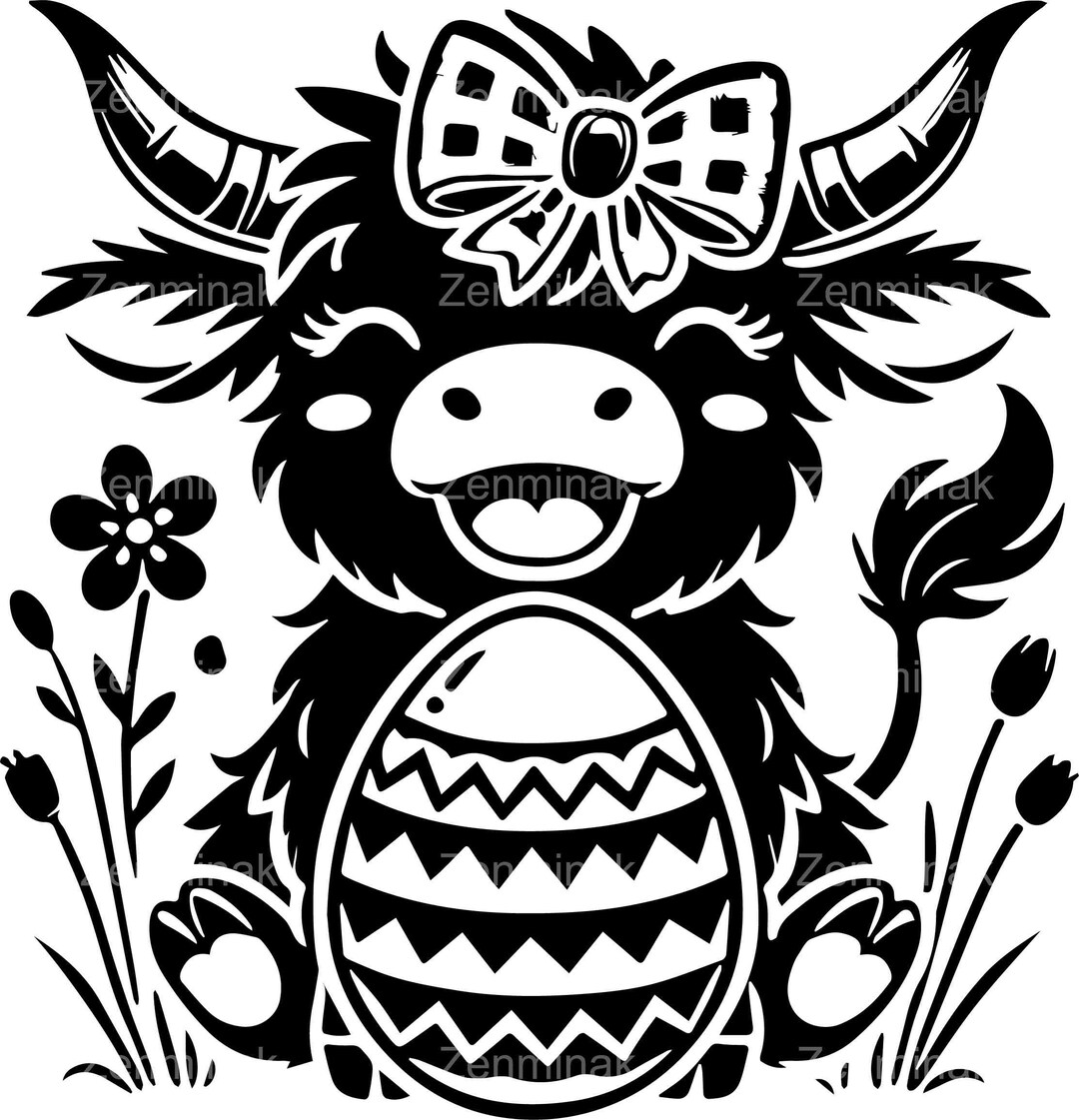 4 Highland Cow With Bow Easter SVG, Cute Cow Holding Egg Digital Cut ...