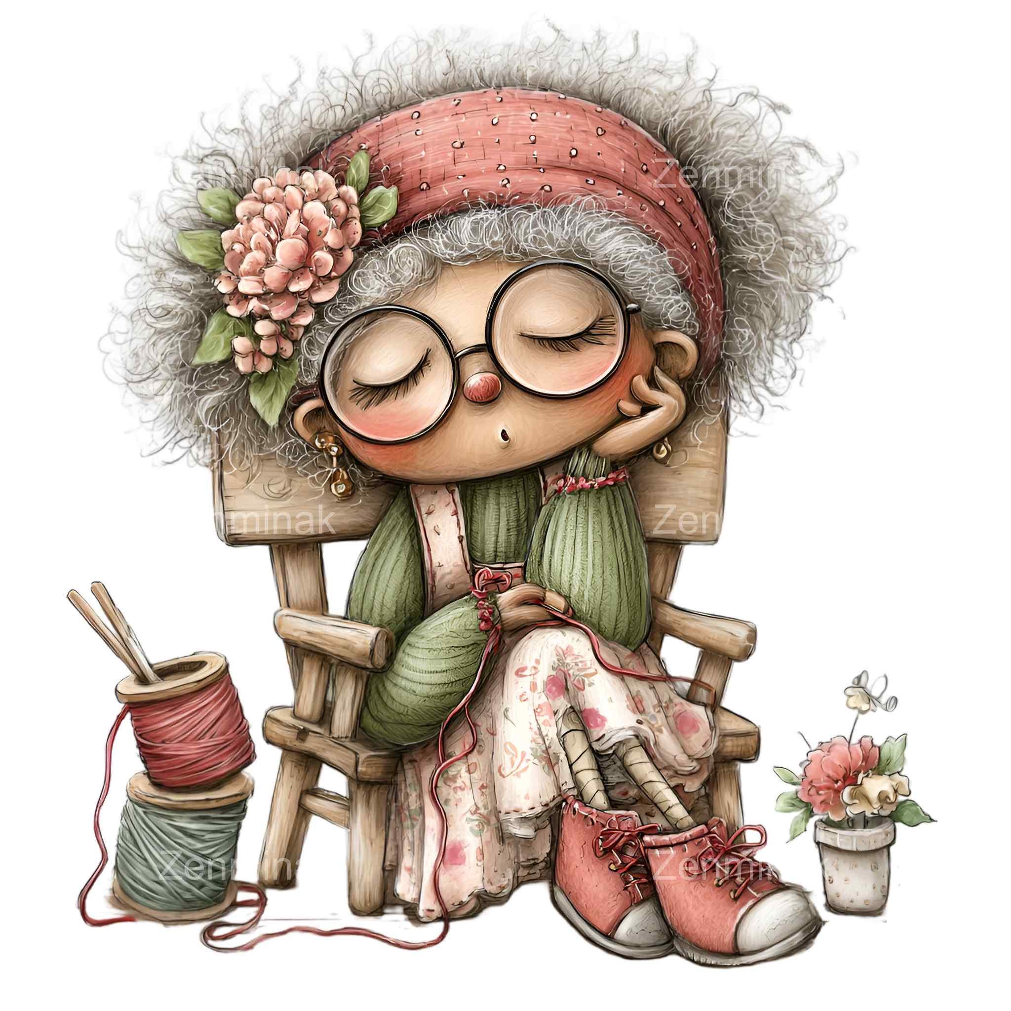 16 PNG Elderly Woman Knitting Clipart, Cute Grandma Craft Garden ...