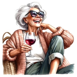 Chic Elderly Woman With Wine Clipart, 18 Stylish Grandma PNG ...