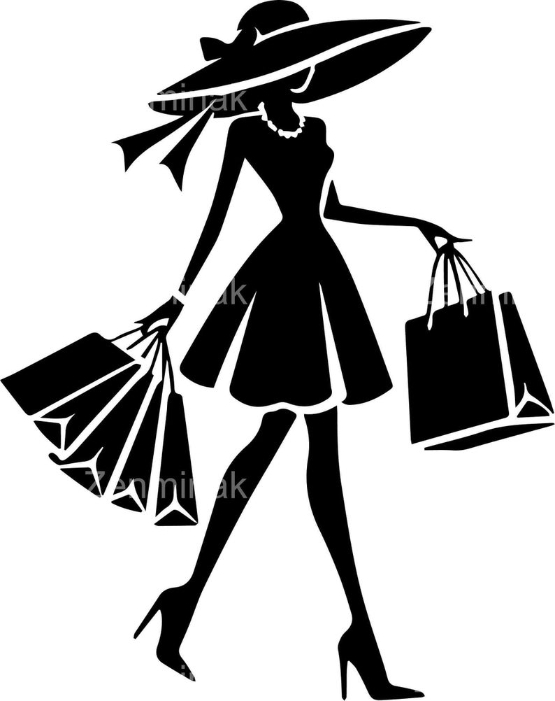 5 SVG Elegant Shopping Girl SVG – Woman in Dress, Hat & Heels With Bags ...