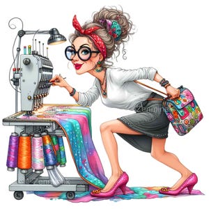 15 PNG Sewing Lady Clipart – Embroidery Woman at Machine – Craft Room ...