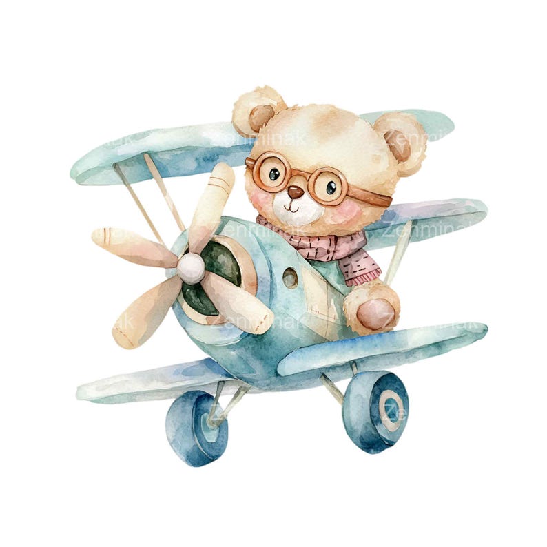 19 Watercolor Bear Pilot PNG in Blue Airplane Clip Art, Cute Aviation ...