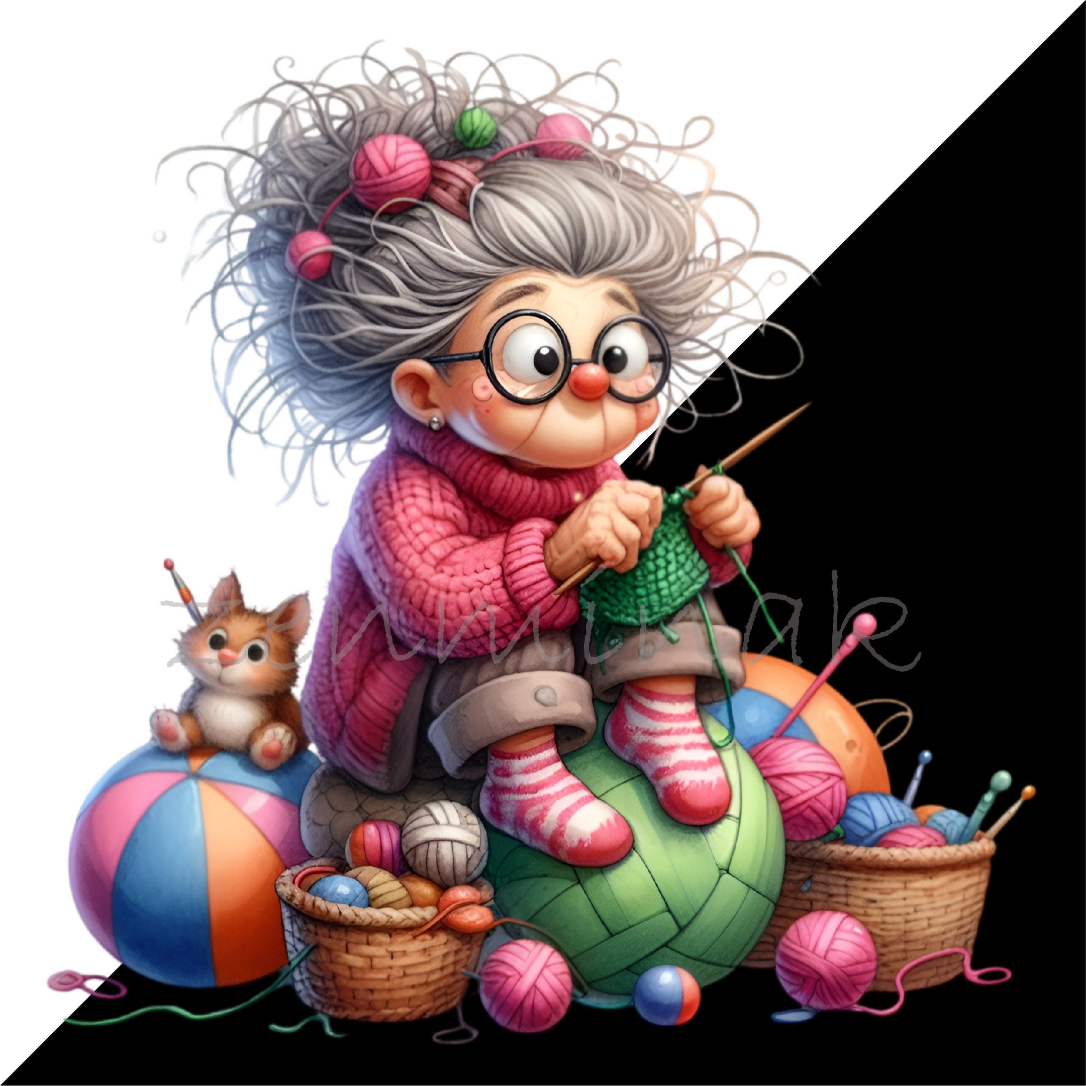 Senior Lady Knitting 10 PNG Funny Comics Grandma Crochet Cartoon ...