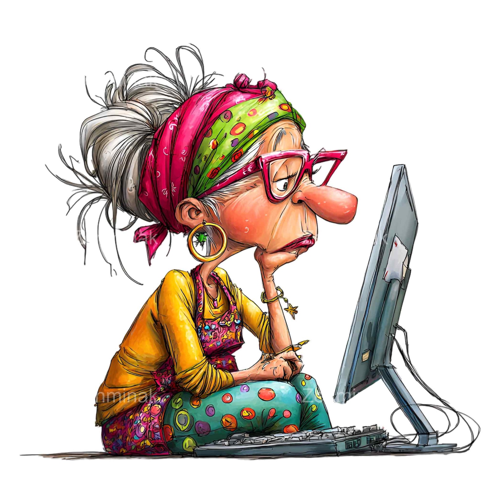 16 PNG Funny Old Lady at Computer – Grumpy Senior Woman Clipart for ...