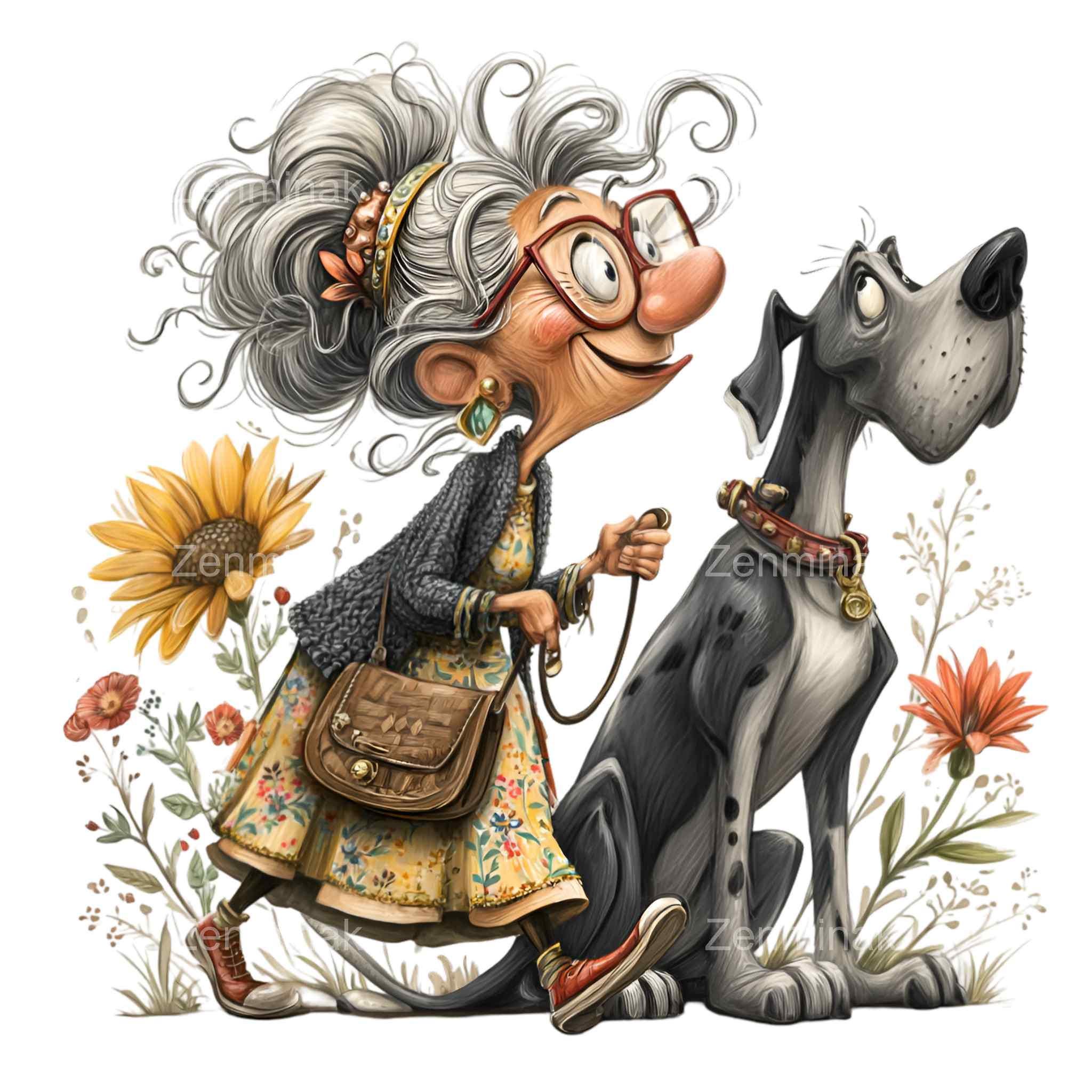 15 PNG Funny Dog Clipart – Whimsical Old Lady With Great Dane PNG for ...