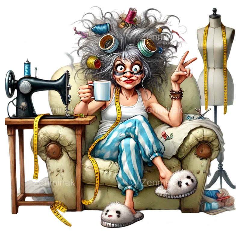 15 PNG Funny Sewing Lady – Crazy Seamstress Clipart – Humorous Crafting ...