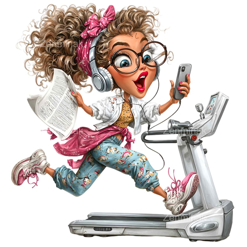21 PNG Funny Gym Lady Clipart – Cartoon Woman Running on Treadmill ...