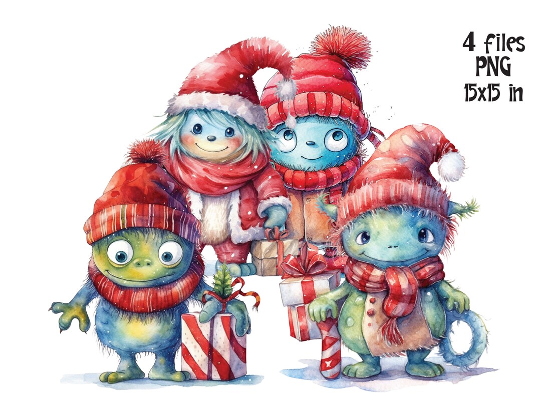Christmas Monster Clipart PNG Watercolor Kids Illustration - Etsy