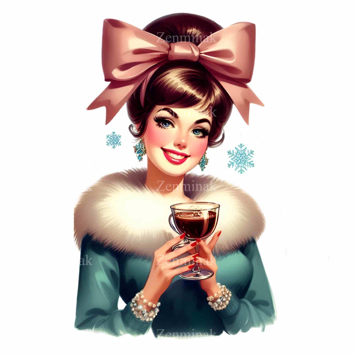 15 PNG Retro Christmas Lady Clipart – PNG of Vintage Woman With Cocoa ...
