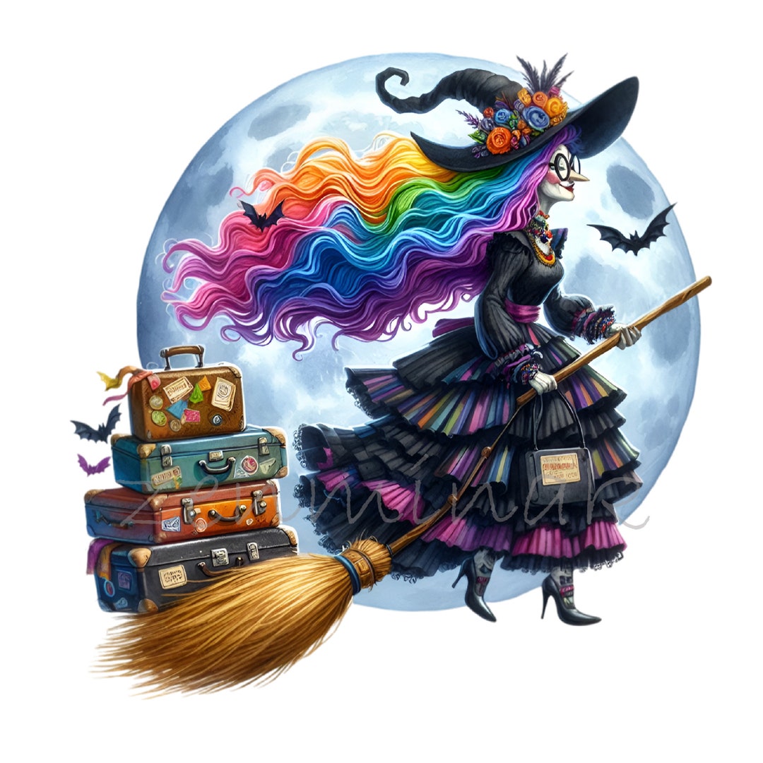 Colorful Witch PNG 12 Rainbow Hair Witch Clipart Whimsical Halloween ...