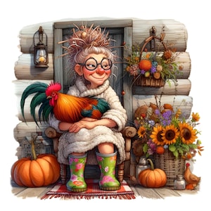 12 Funny Fall PNG Clipart Grumpy Grandma With Chicken, Sunflowers ...