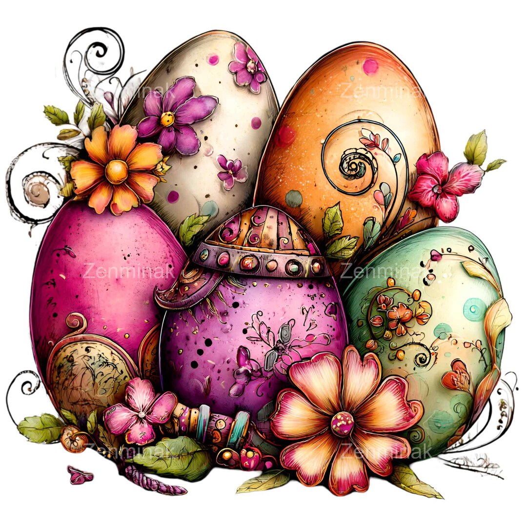 12 PNG Decorated Easter Eggs Clipart, Floral Spring Illustration ...