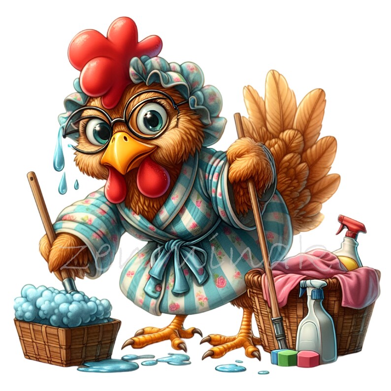 12 PNG Funny Chicken Cleaning PNG – Cartoon Hen in Floral Robe With ...