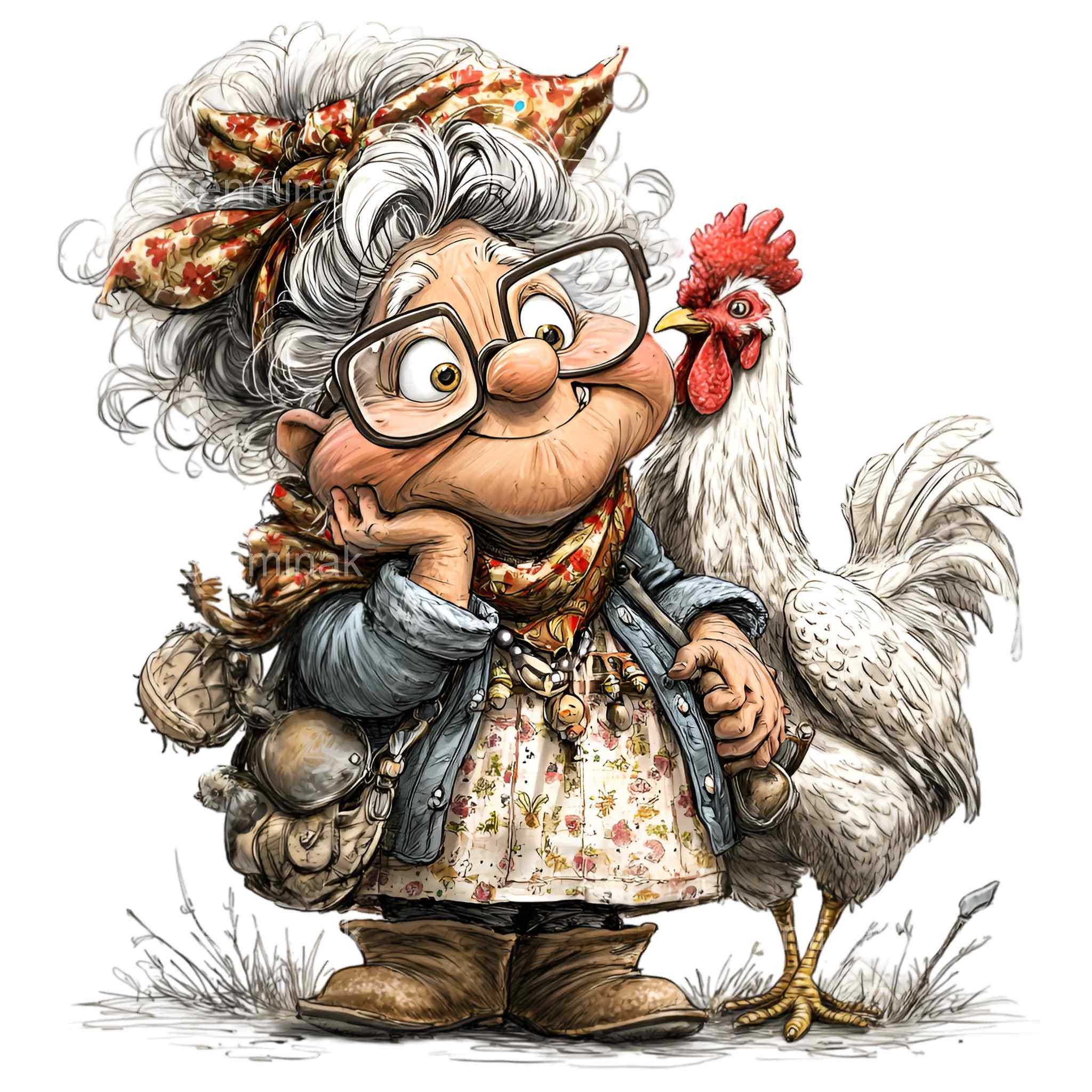 14 PNG Farm Chicken Clipart – Whimsical Old Lady With Hen PNG for ...