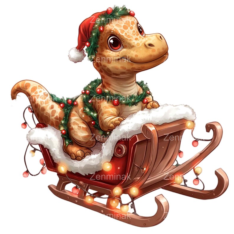15 PNG Christmas Dinosaur Clipart – Cute Dino in Sleigh PNG – Holiday ...