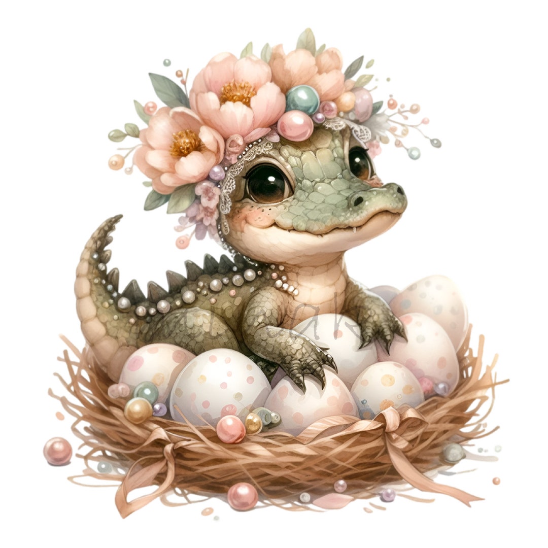 Baby Alligator PNG, 12 Flower Crown Reptile in Nest, Cute Baby ...
