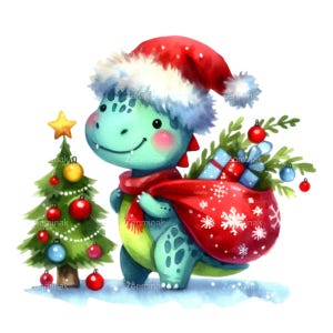 Cute Dinosaur Christmas PNG, 17 Dino Holding Christmas Tree, Watercolor ...
