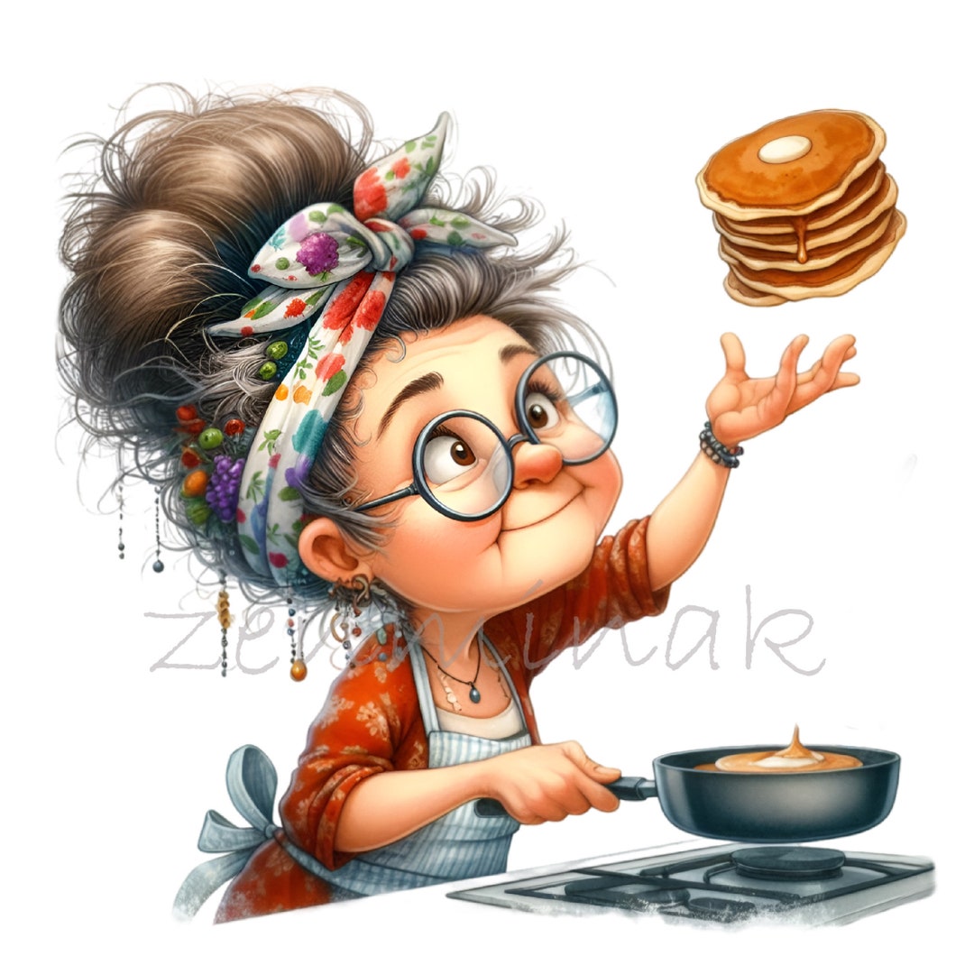Funny Granny Pancake Cook Clipart PNG - 14 Quirky Grandmother With ...