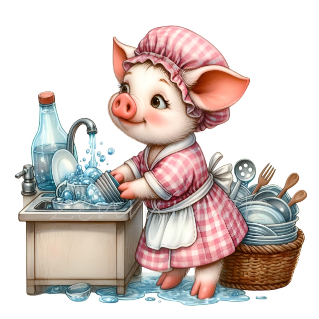 12 Pig Washing Dishes Clip Art, Cute Farm Animal in Pink Apron PNG ...