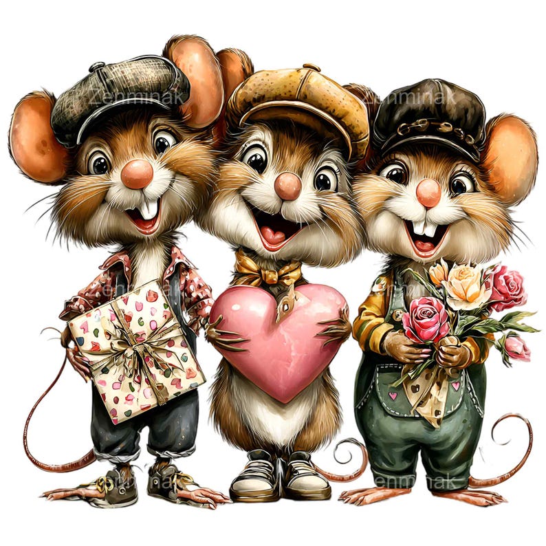 15 PNG Valentine Mice Clipart – Cute Mouse Set With Hearts and Flowers ...