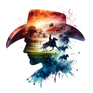 Cowboy Watercolor Illustration PNG, 15 Western Farm Scene With Horses ...