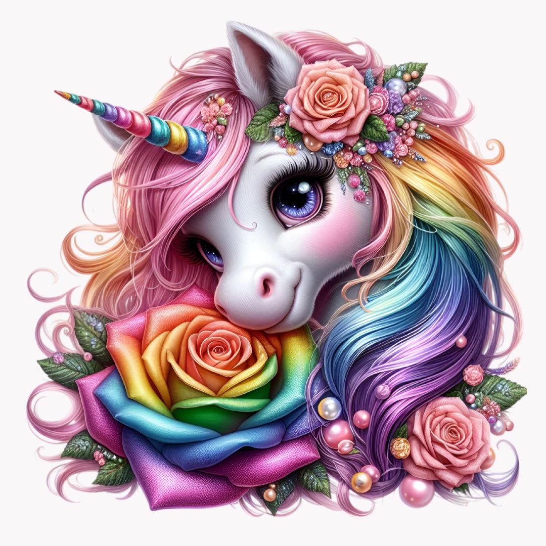 10 PNG Rainbow Unicorn, Floral Fantasy Clipart, Magical Birthday Rose ...