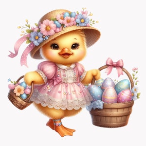 10 Easter Duckling Clip Art PNG - Adorable Chick in Floral Hat With ...