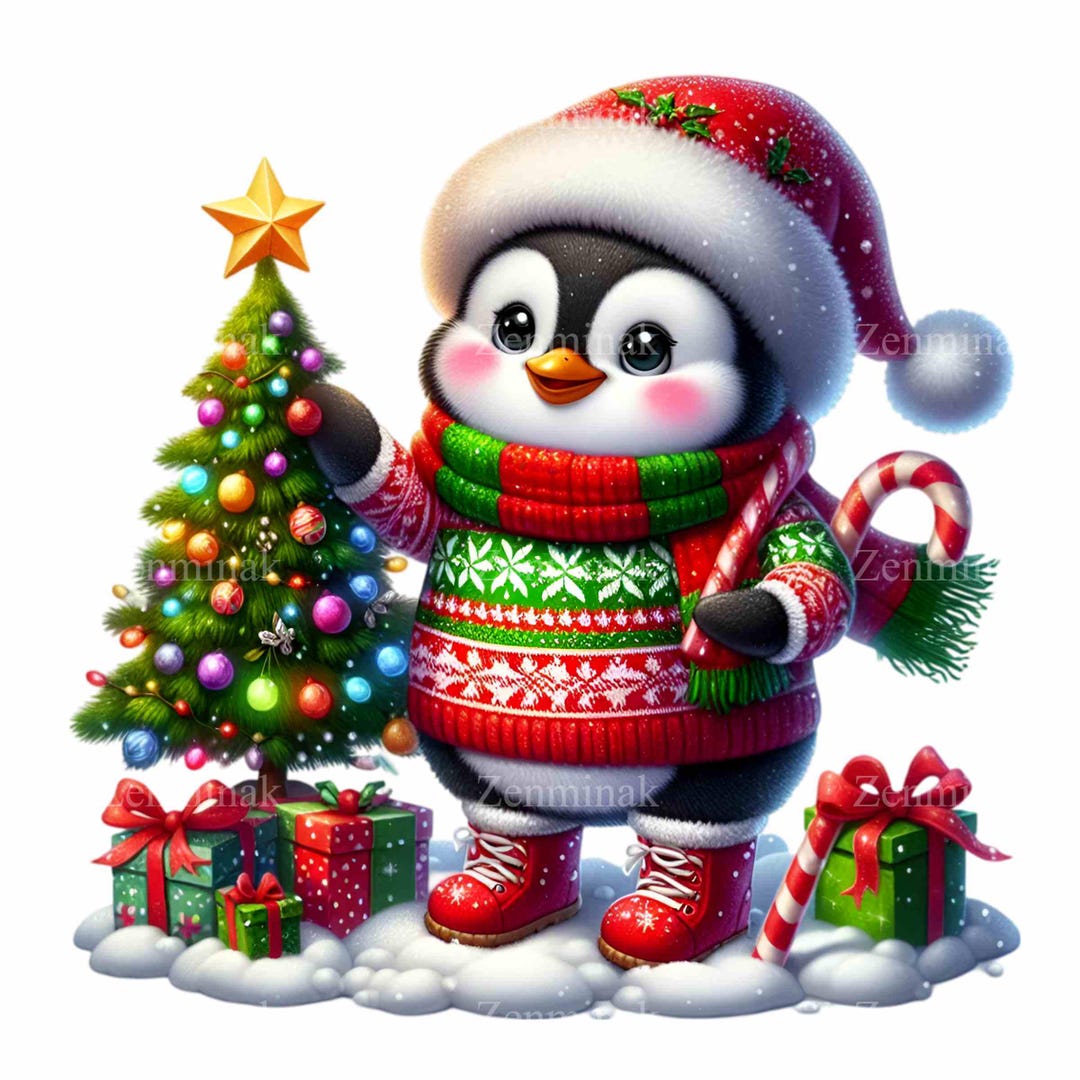 12 Christmas Penguin PNG Clipart – Cute Penguin in Santa Hat Decorating ...