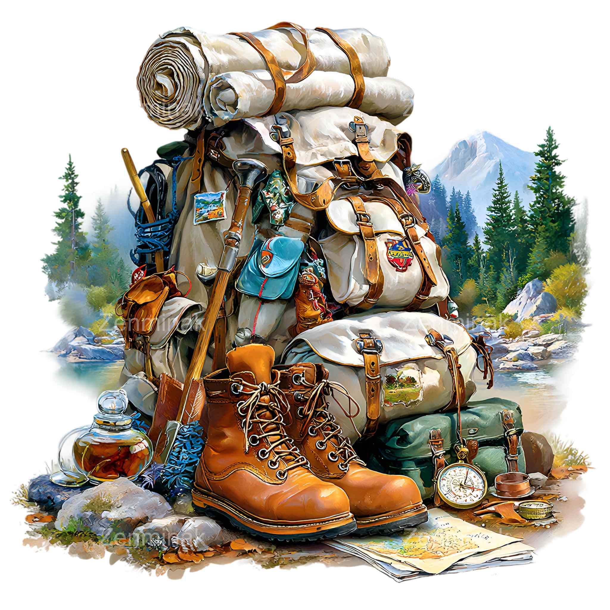 15 PNG Hiking Backpack Clipart, Camping Travel Gear Illustration ...
