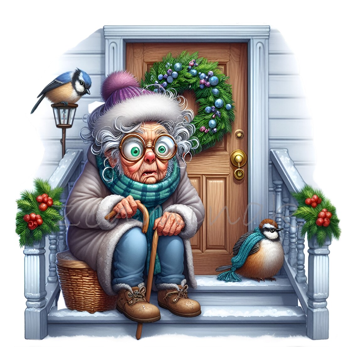 10 PNG Winter Grandma Clipart – Elderly Lady on Snowy Doorstep With ...