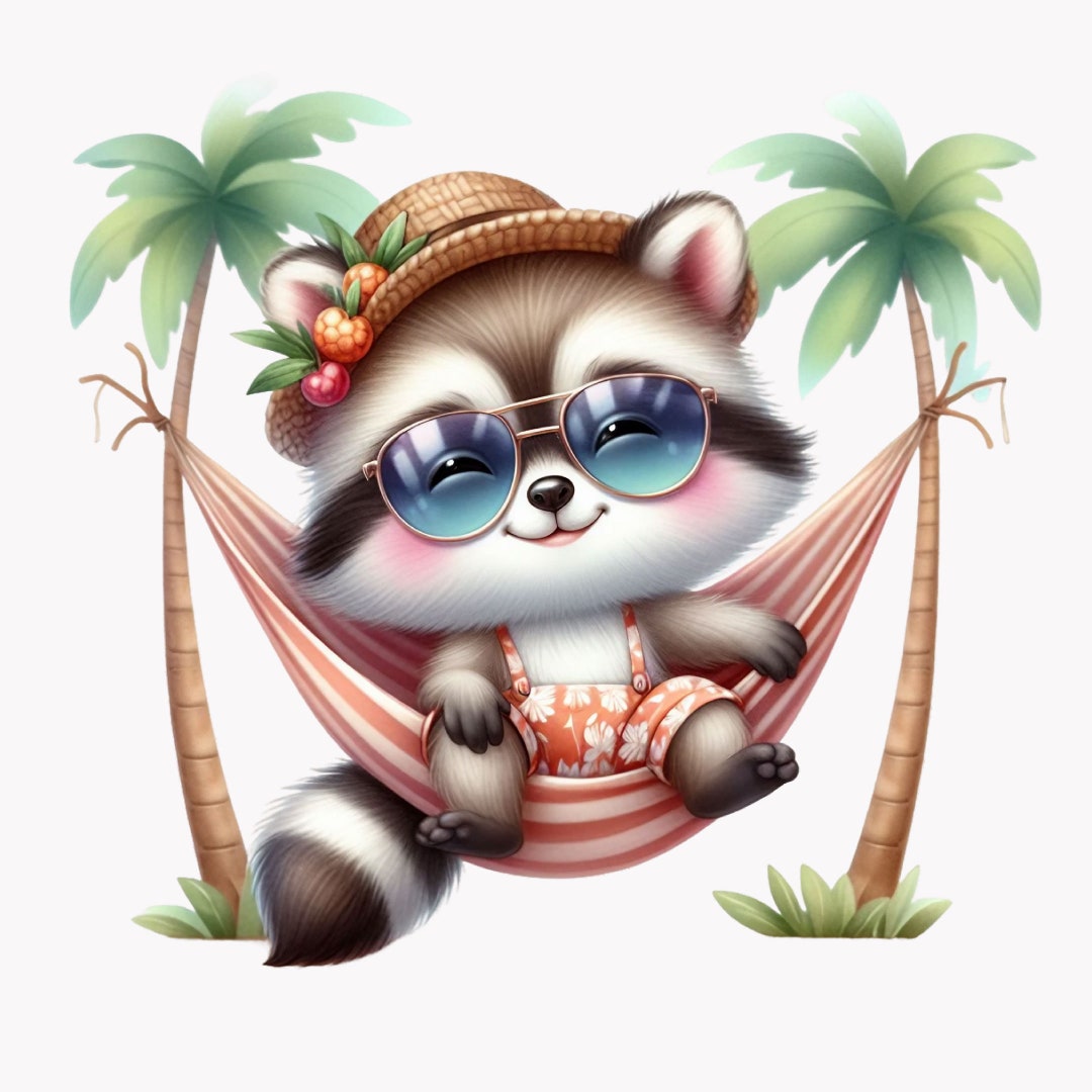 10 Summer Raccoon PNG, Cute Beach Animal Clipart, Tropical Raccoon in ...