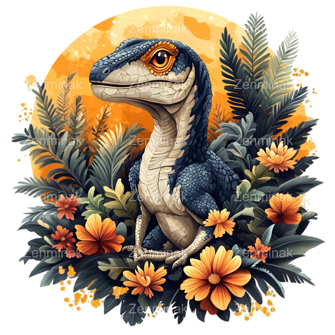 12 Dinosaur PNG Clipart, Cute Raptor With Tropical Flowers, Jungle Dino ...