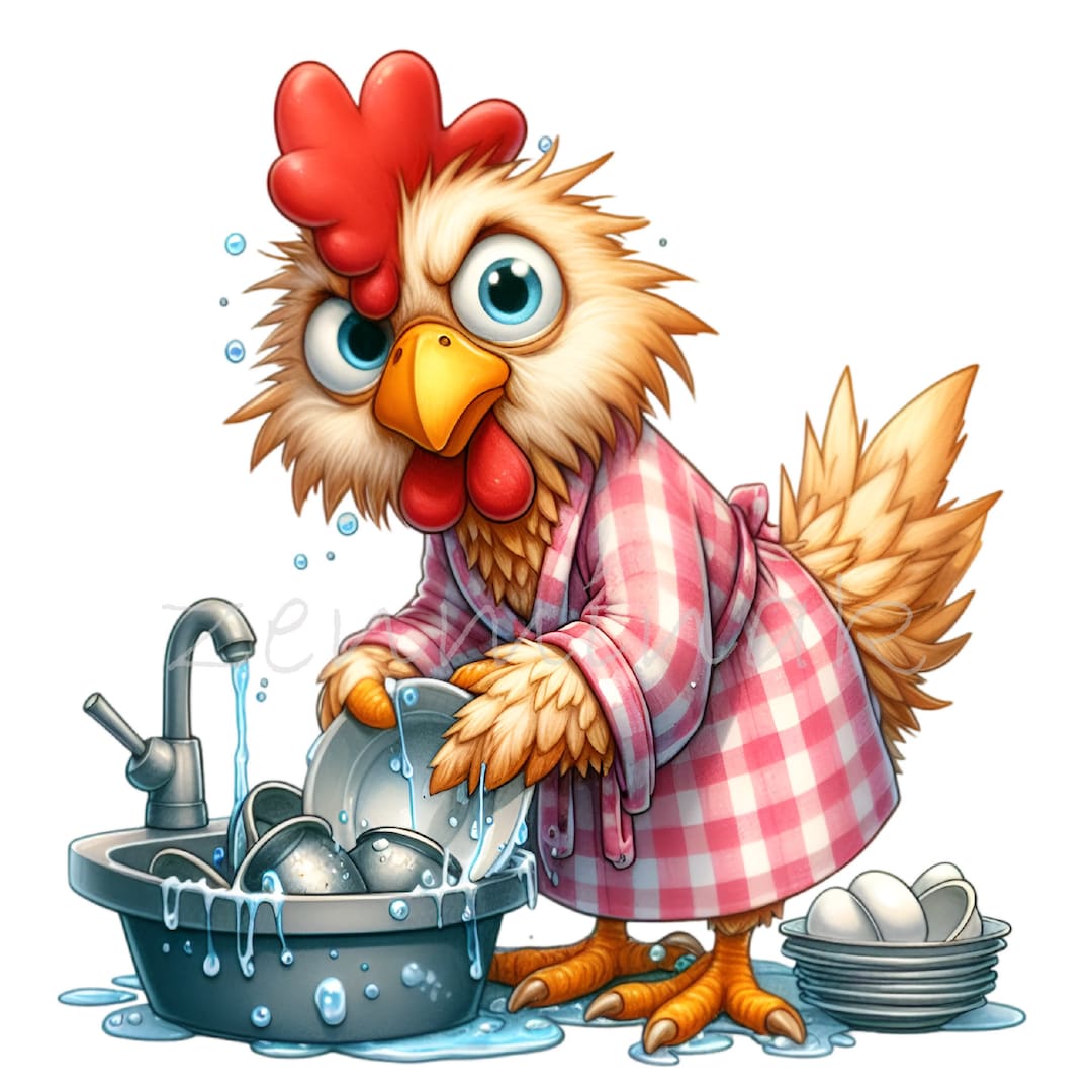 12 PNG Dishwashing Chicken – Funny Hen PNG Clipart in Robe at Kitchen ...