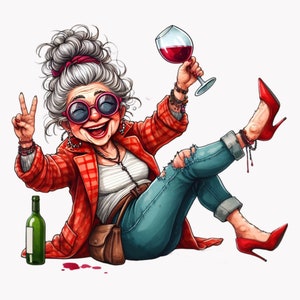 Funny Grandma Drinking Wine Clipart Bundle, Granny Party Png, Old Lady ...