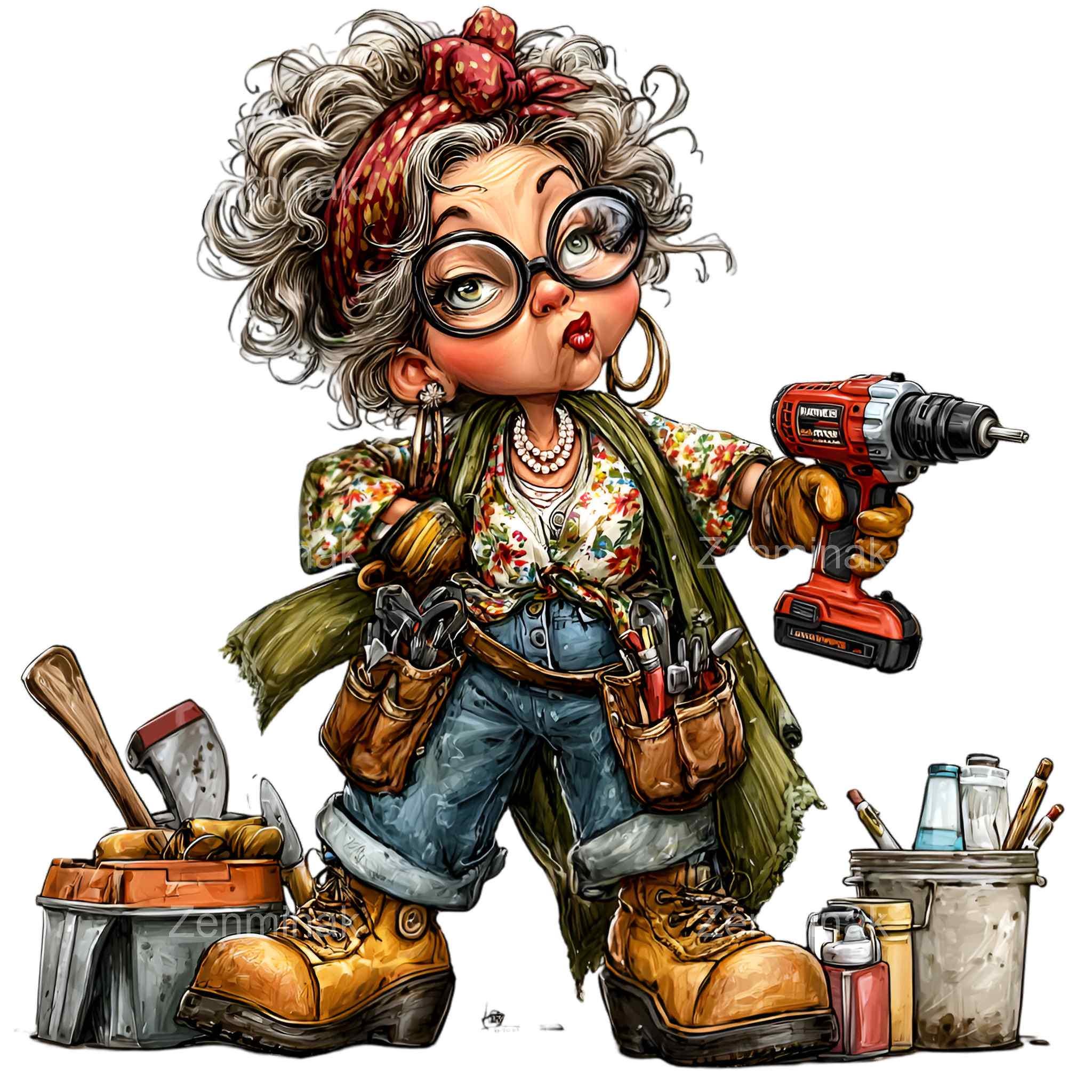 15 PNG Funny Grandma Clipart – Builder Lady PNG – Whimsical Handyman ...