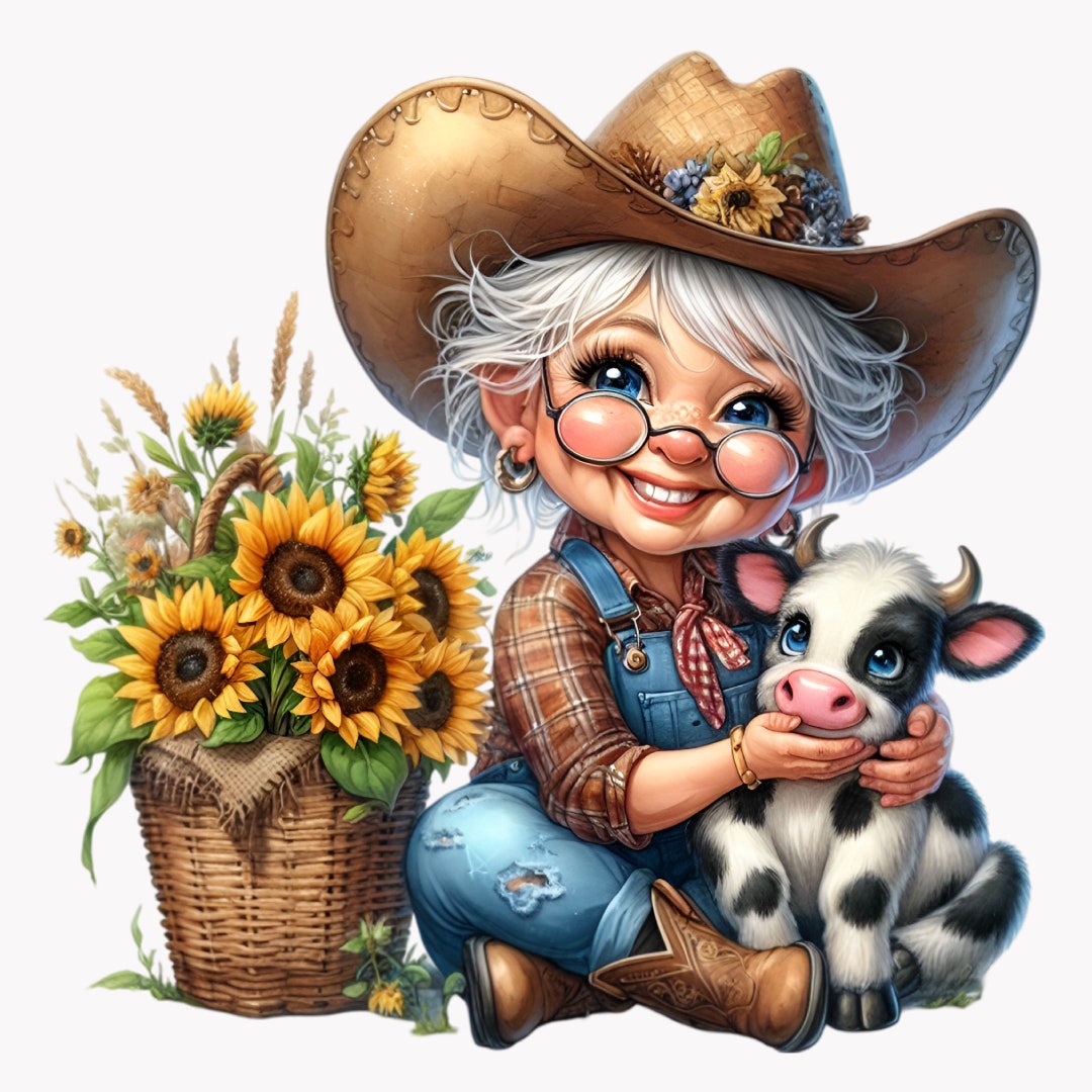 Funny Grandma With Baby Cow Clipart Bundle, Sunflower Graphic Png ...