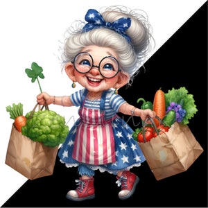 Patriotic Grandma Shopping Bags Vegetables, America Senior Lady Clipart ...