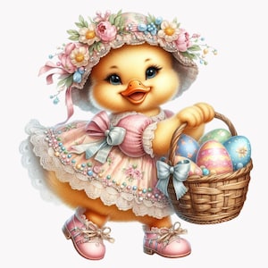 10 Easter Duckling Clip Art PNG - Adorable Chick in Floral Hat With ...