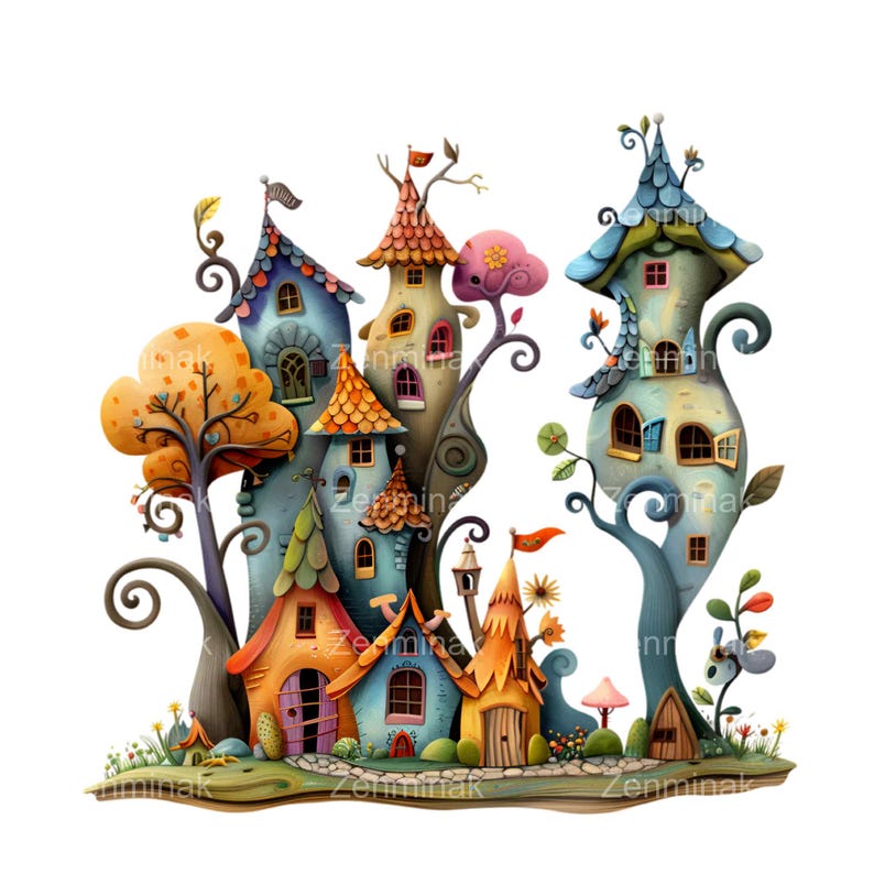 17 PNG Whimsical Village Clipart – Fantasy Fairytale Houses and Trees ...