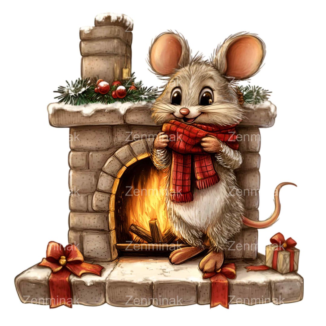 Christmas Mouse PNG Clipart 10 Adorable Mouse With Scarf by Fireplace ...