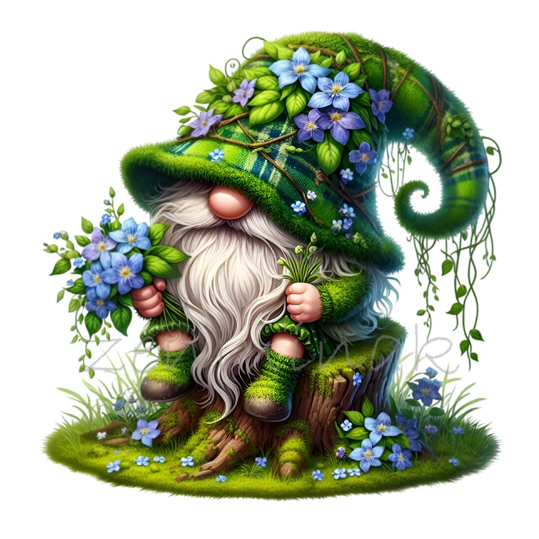 10 Cute Gnome PNG Clipart With Green Hat and Blue Flowers | Woodland ...