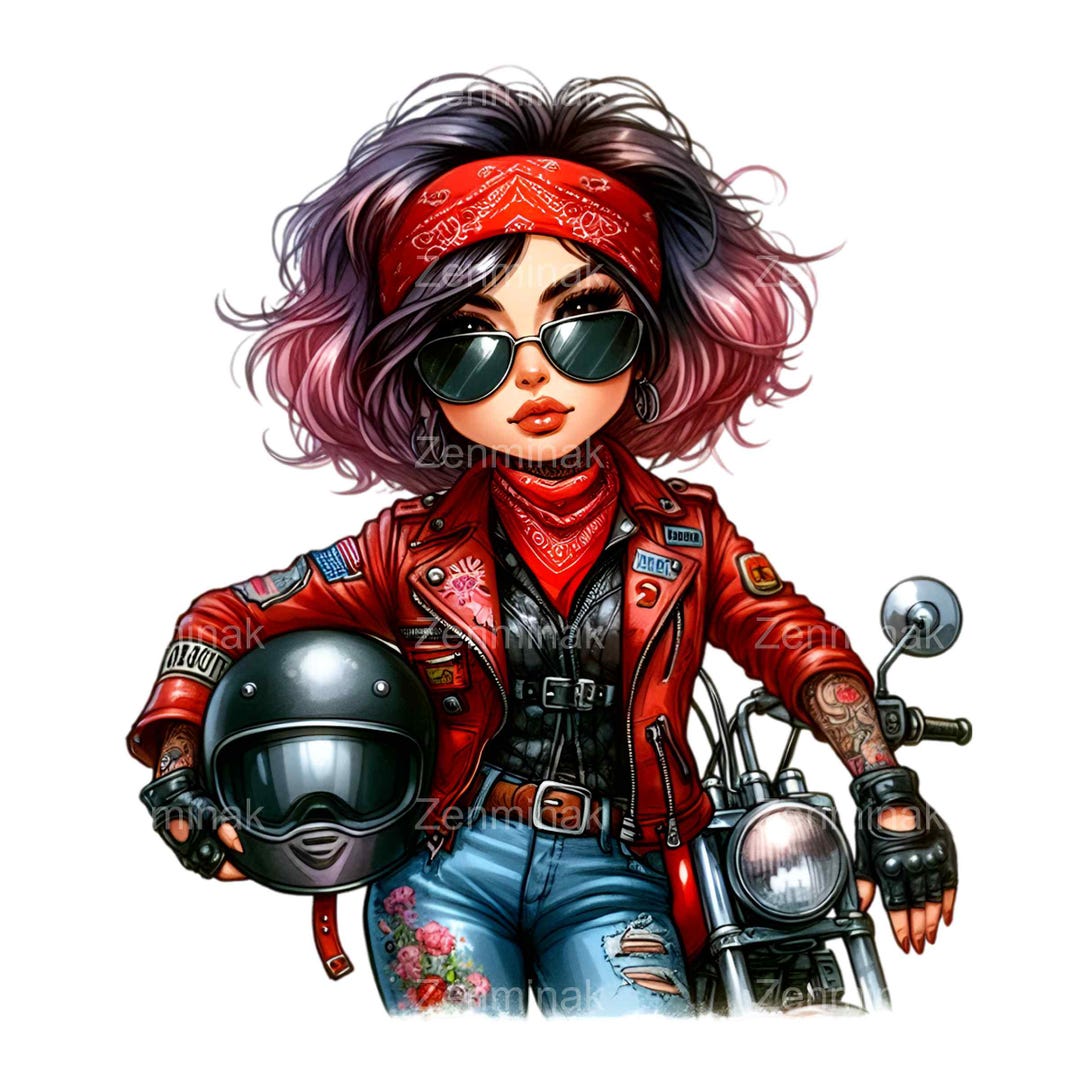 Biker Girl PNG Digital Illustration, 14 Retro Lady Biker Artwork ...