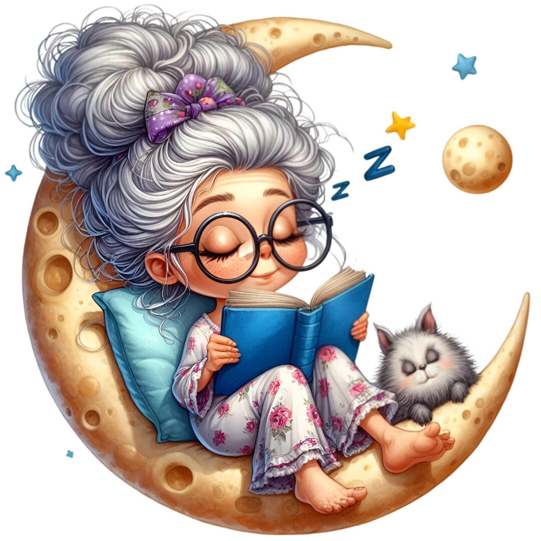 14 PNG Moon Reading Grandma – Bed PNG Clipart – Cute Senior in Pajamas ...