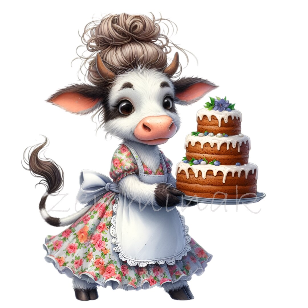 12 Cute Cow Baker PNG Clipart, Floral Dress Calf Holding Cake, Farm ...